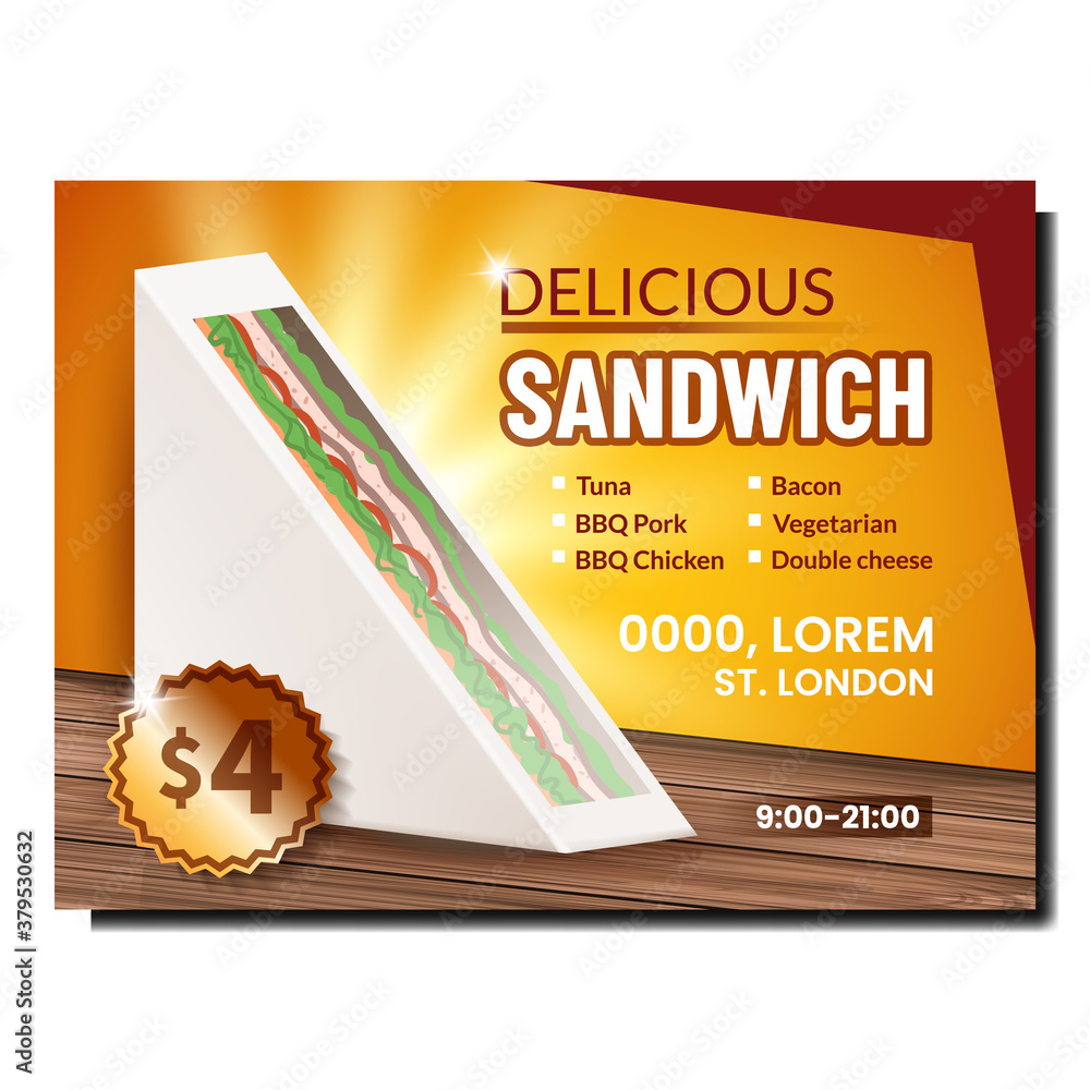 Sandwich Carton Package Promotional Poster Vector. Delicious Sandwich ...