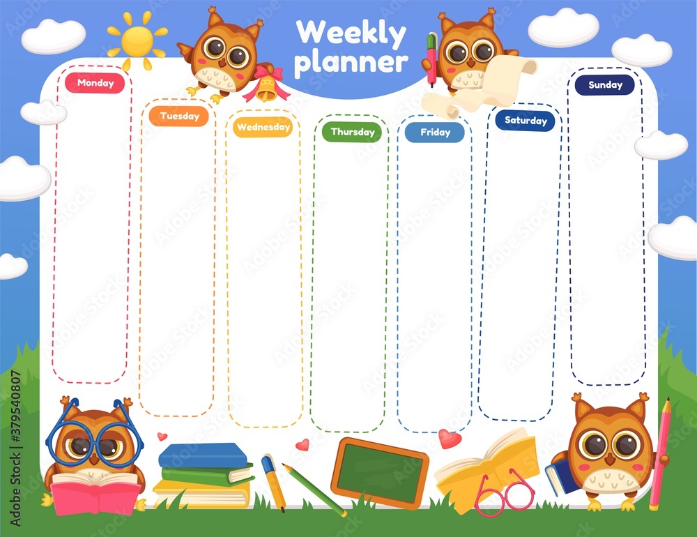 Vector illustration of a weekly schedule with cute owls for children ...