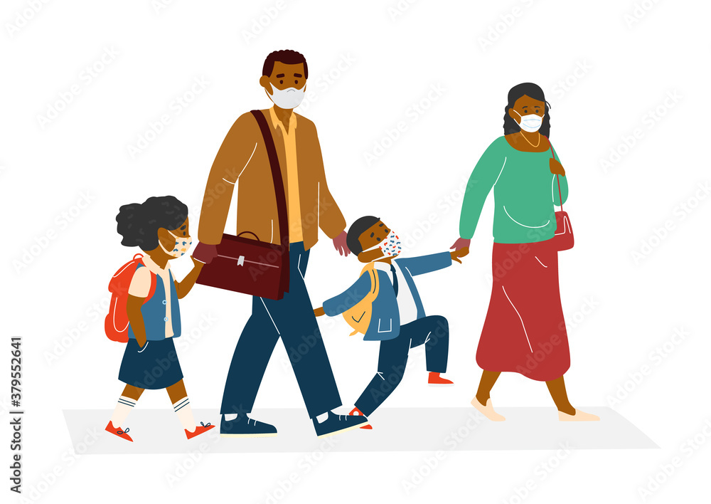 Afro American Parents With Children In Protective Masks Going To School ...