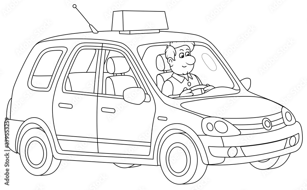 Friendly smiling taxi-driver in his new cab, black and white outline ...