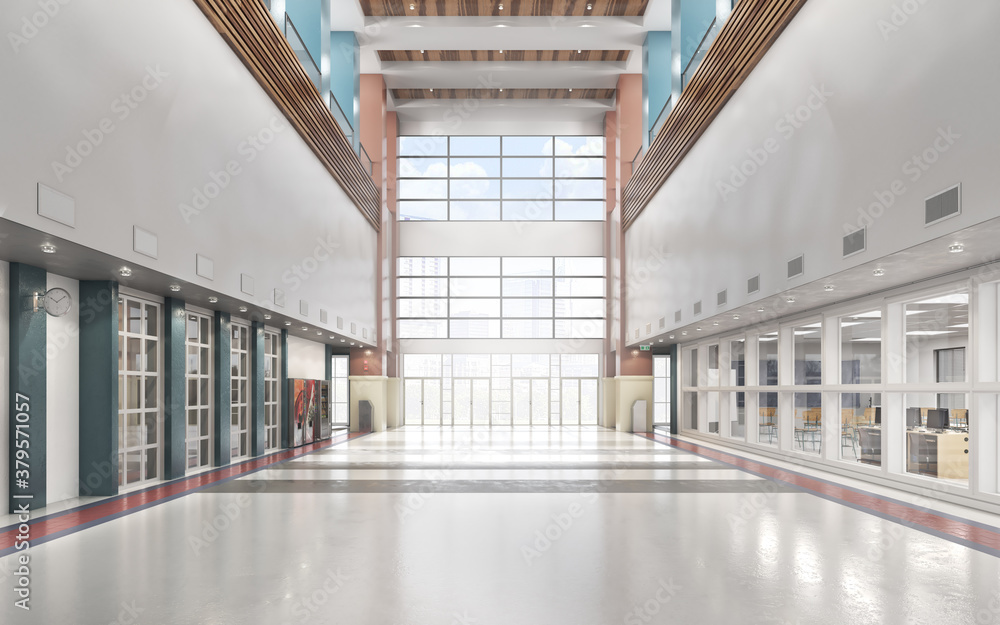 School entrance with high ceiling lobby. 3d illustration Stock ...