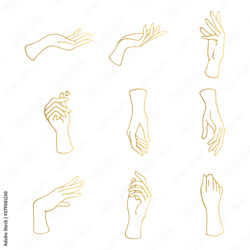 Set of elegant gold female hands in a minimal line art style ...