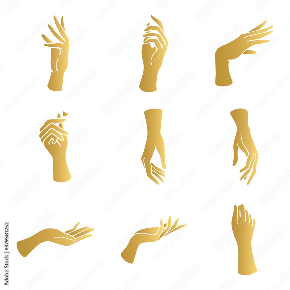 Set of elegant gold female hands in a minimal flat style. Collection of ...
