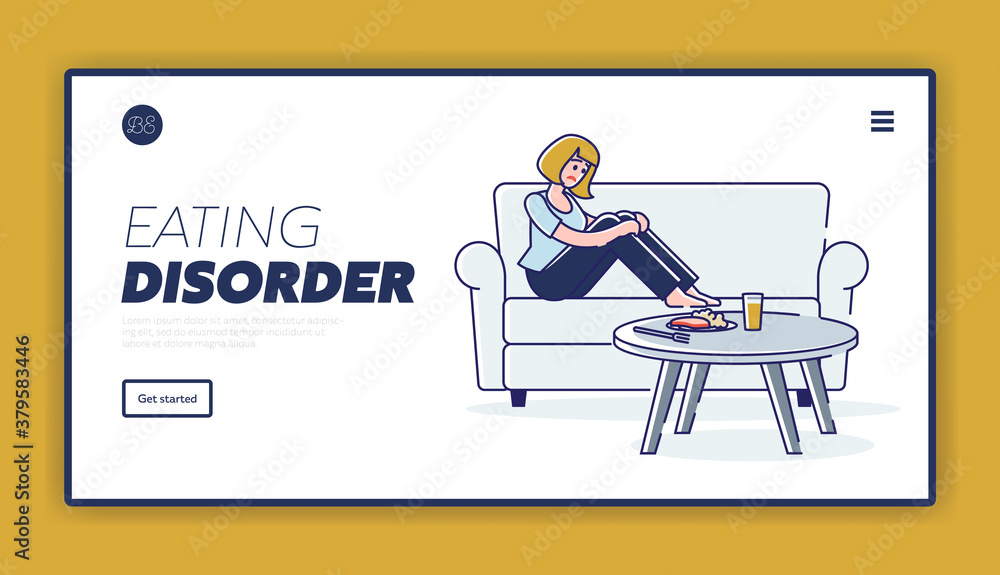 Eating disorder landing page with woman suffering from stomach ache and ...