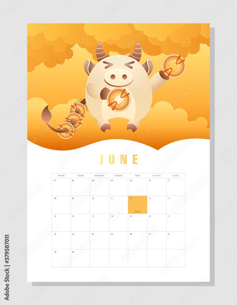 Vetor de Calendar 2021 A4 format on June, month planner. Cute wealth ...