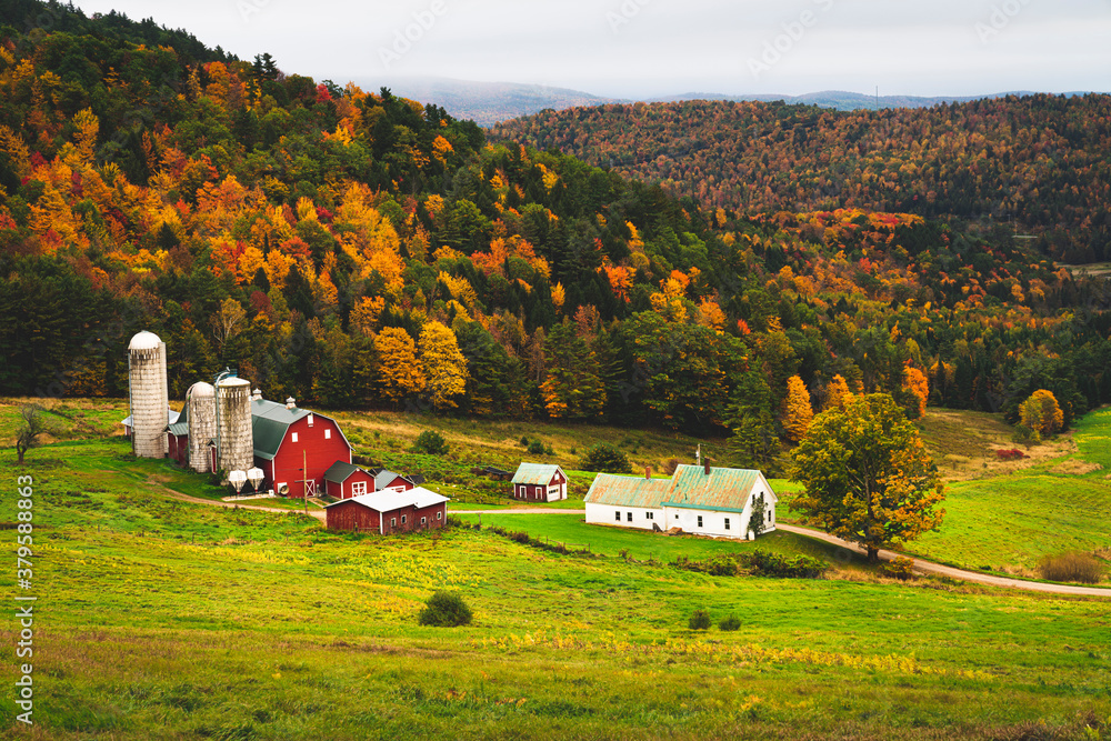 Rustic farm scene in rural vermont during autumn with fall colors ...