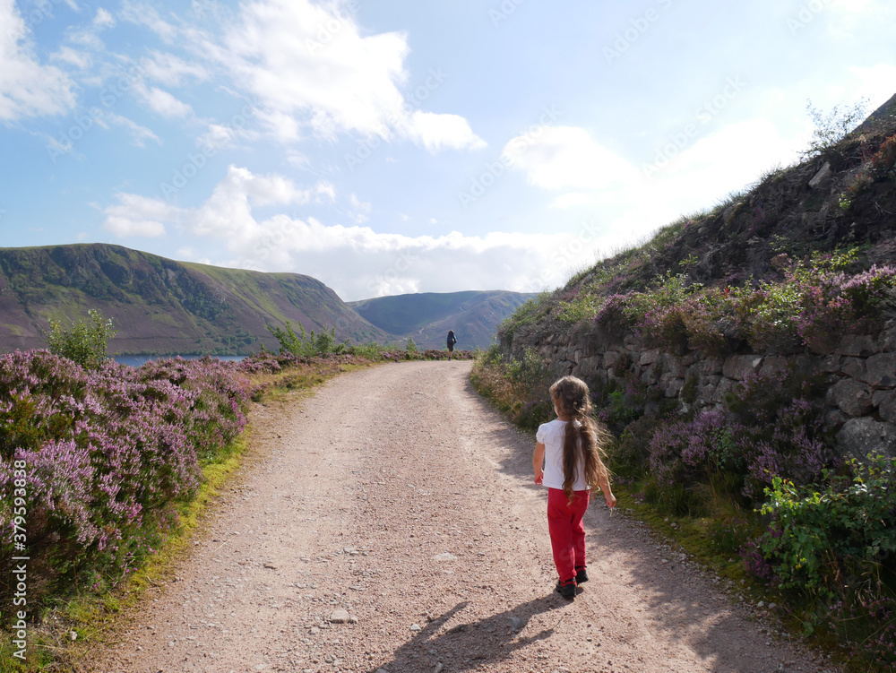 back view of a girl with long hair walking on a path, green vegetation ...
