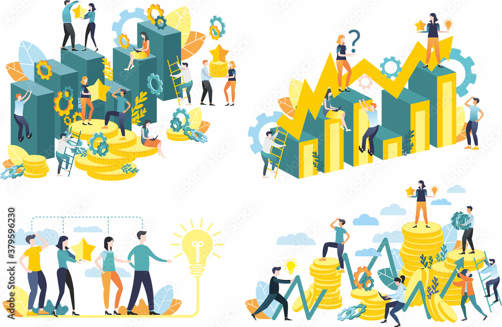 Raster graphics. Large set of flat illustrations. Teamwork ...