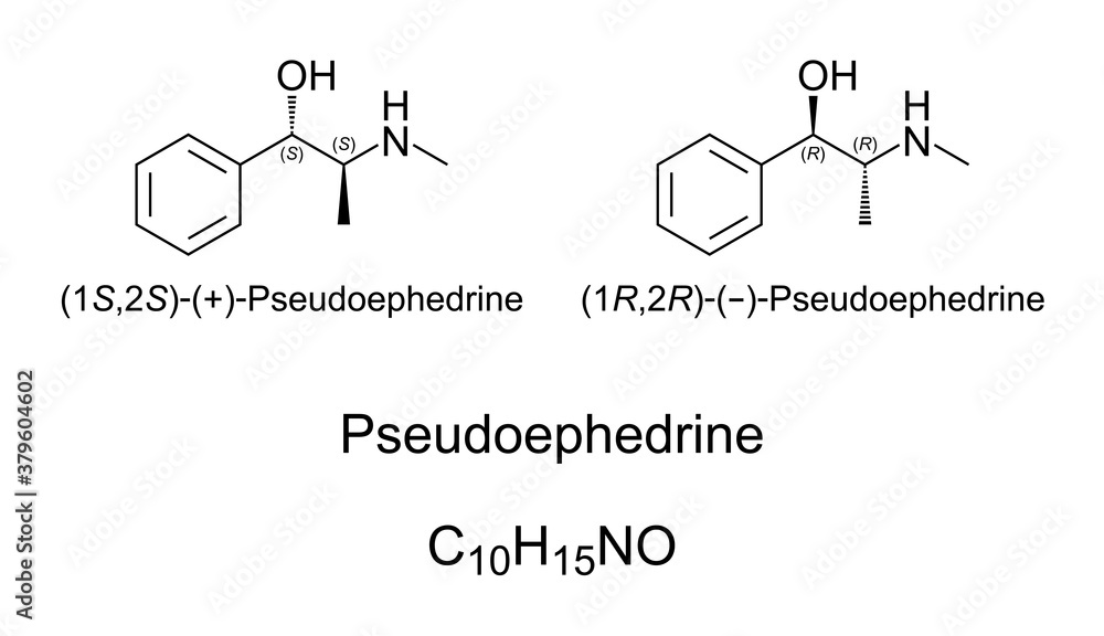 Pseudoephedrine, chemical structure. A decongestant and stimulant ...