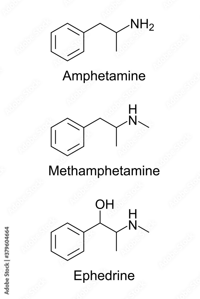 Amphetamine, Methamphetamine and Ephedrine. Racemic and simplified chemical structures without ...