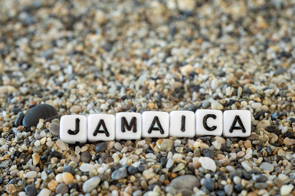 Jamaica inscription text with name of the vacation destination city in ...