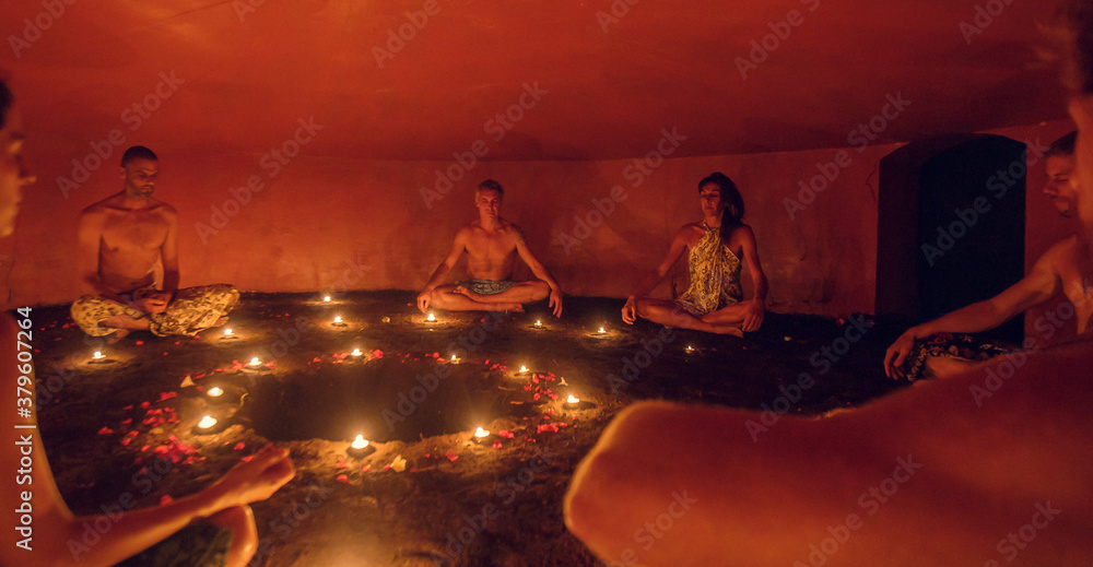 Group of people inside Mayan Temazcal- traditional steam sauna bath of ...