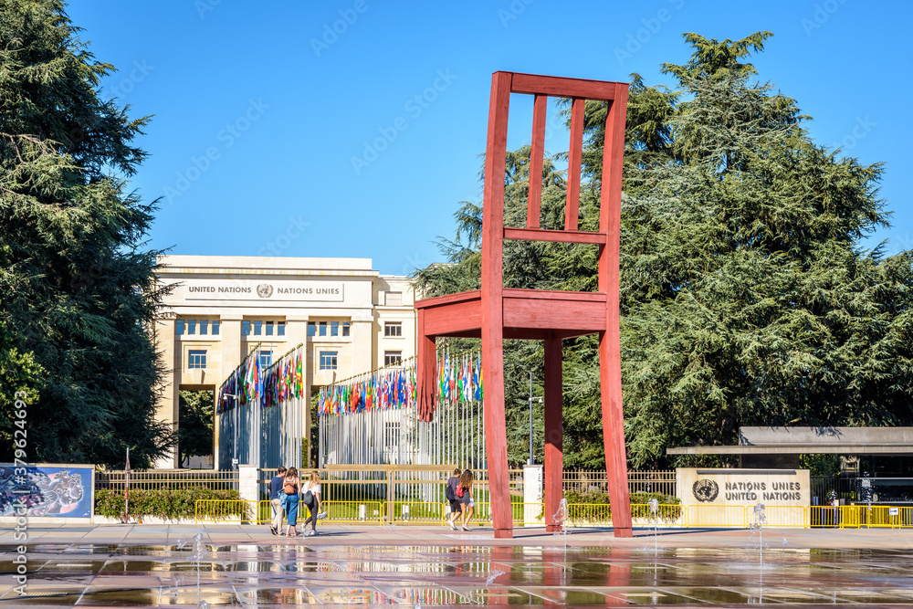 Geneva, Switzerland - September 3, 2020: The "Broken Chair" sculpture ...