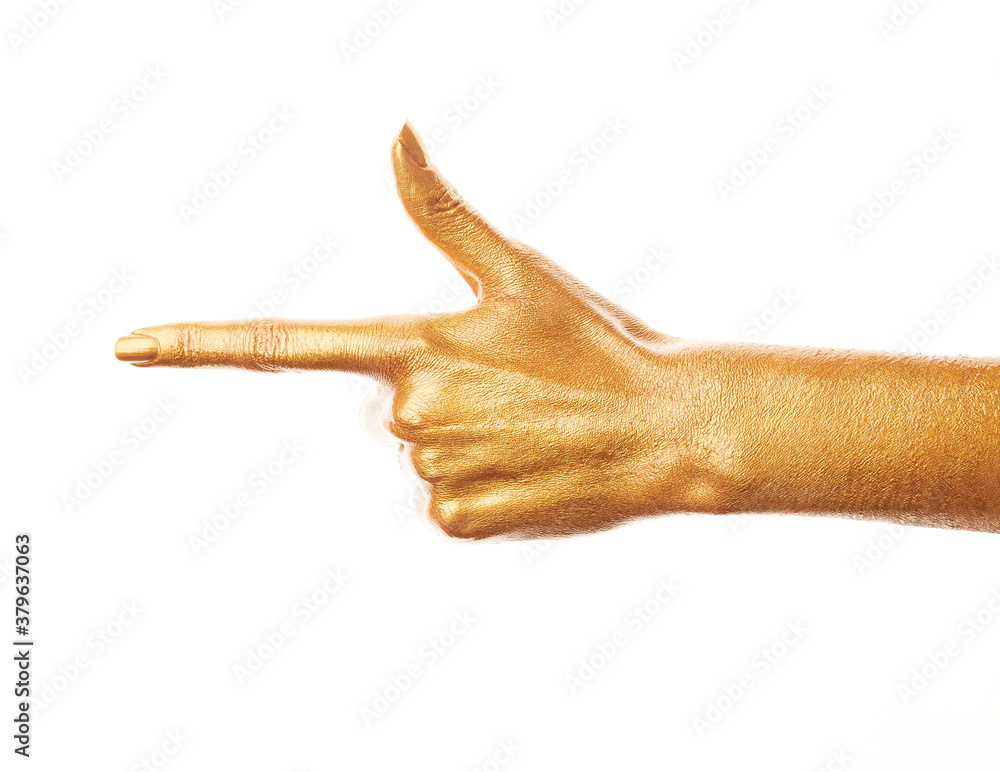 Hands in gold paint. Golden fingers. Female hand isolated on white ...