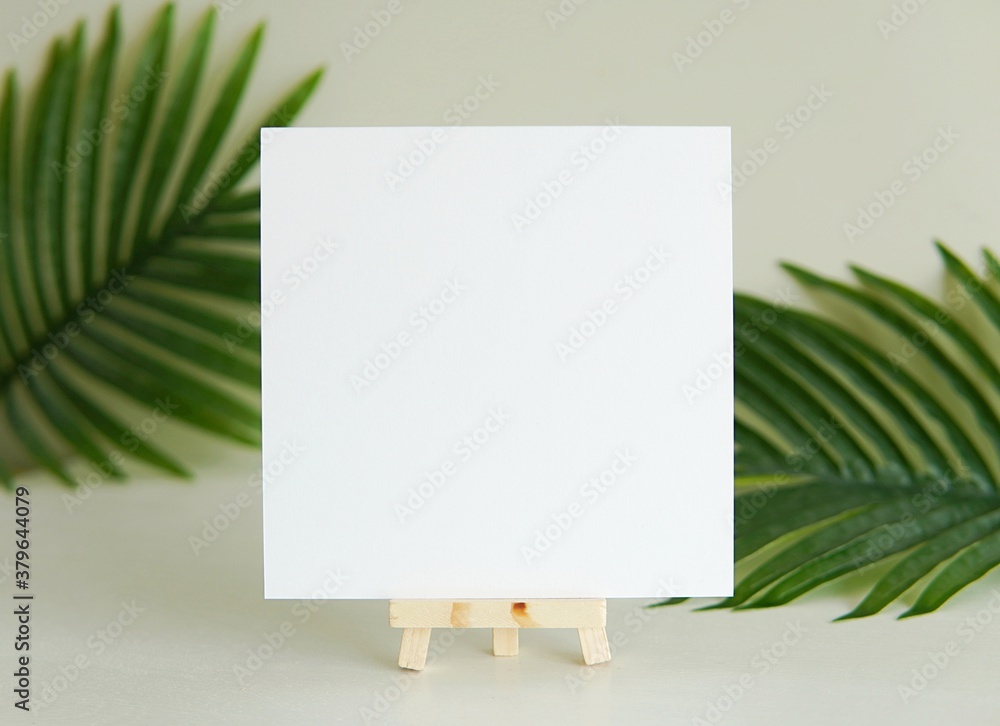 Blank square card mockup and palm leaves, empty white card or poster on ...