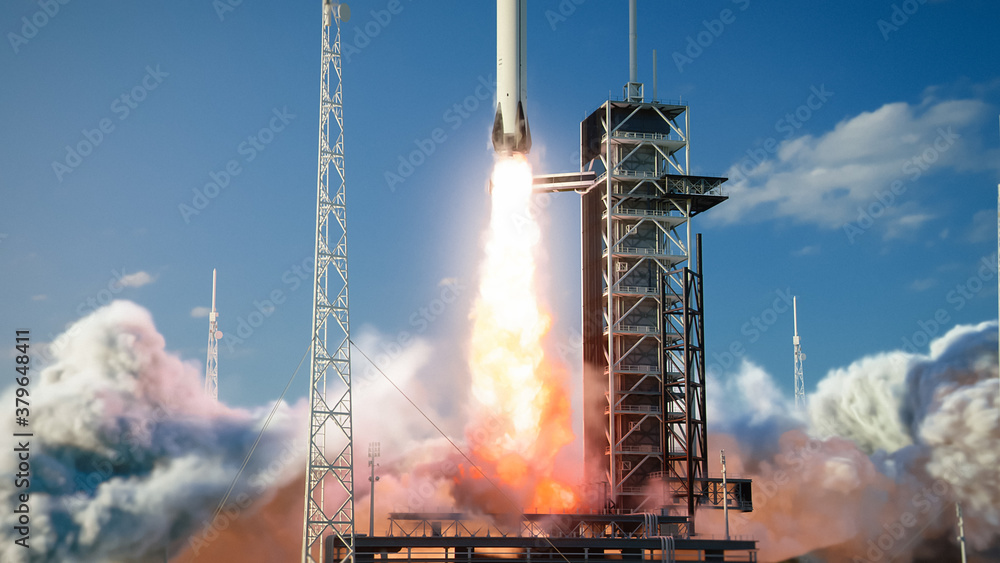 Shot of a Launch Pad Complex: Successful Rocket Launching with Crew on ...