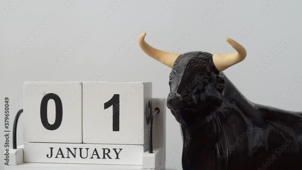 bull and the calendar. Handmade wood cube with date month and day ...