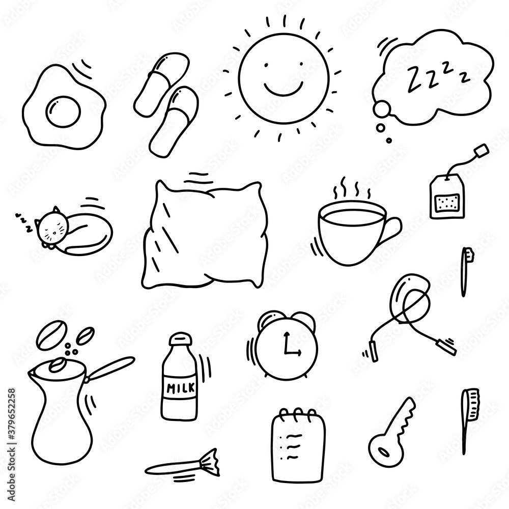 Morning routine doodles: eggs, slippers, sun, sleeping bubble, sleeping ...