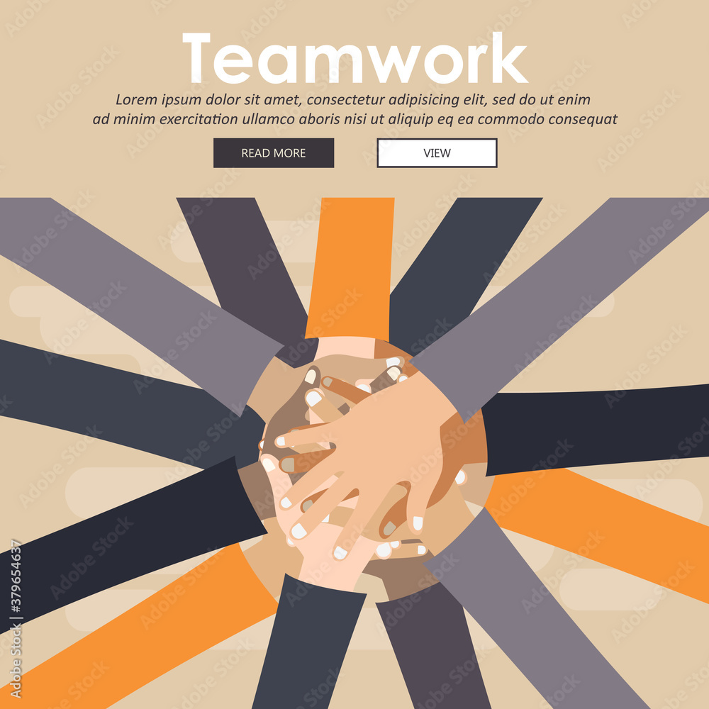 Teamwork concept. Friends with stack of hands showing unity and ...