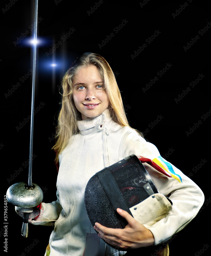 Fencing girl holding weapon and mask. Sport portrait of beautiful ...
