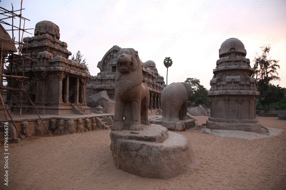 View of Ancient Monolithic temples Five Rathas (Indian: Pancha Rathas ...