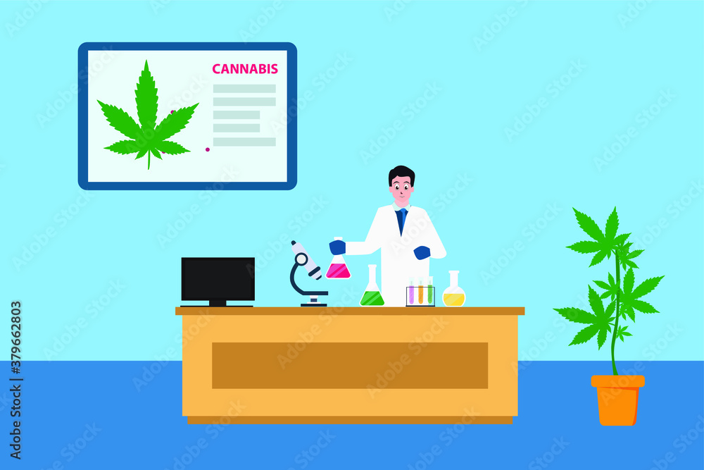 Cannabis experiment vector concept: Male scientist doing experiment ...