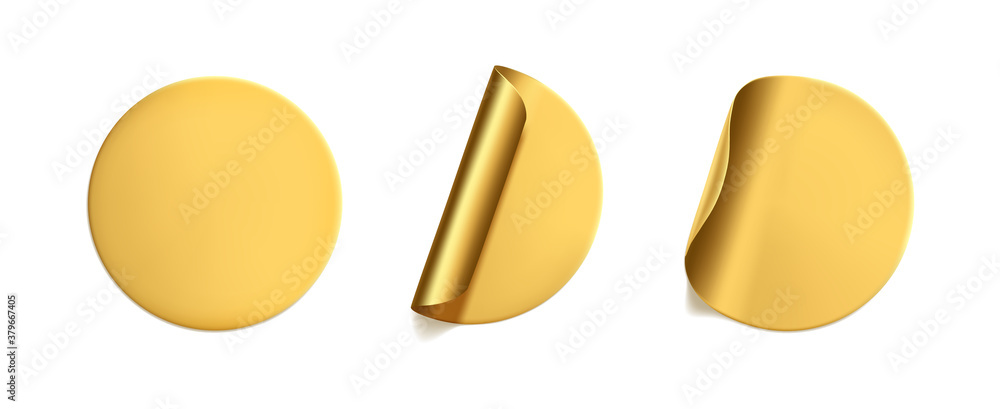 Gold round crumpled stickers with peeling corner mock up set. Adhesive ...