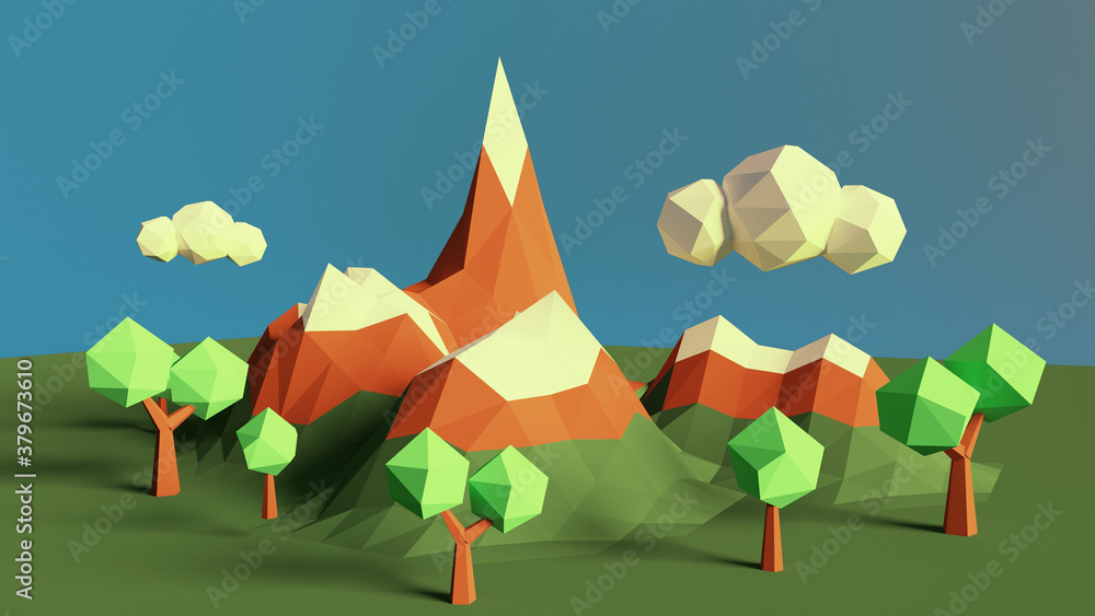 3d render. Natural landscape with mountains, trees, clouds from low ...