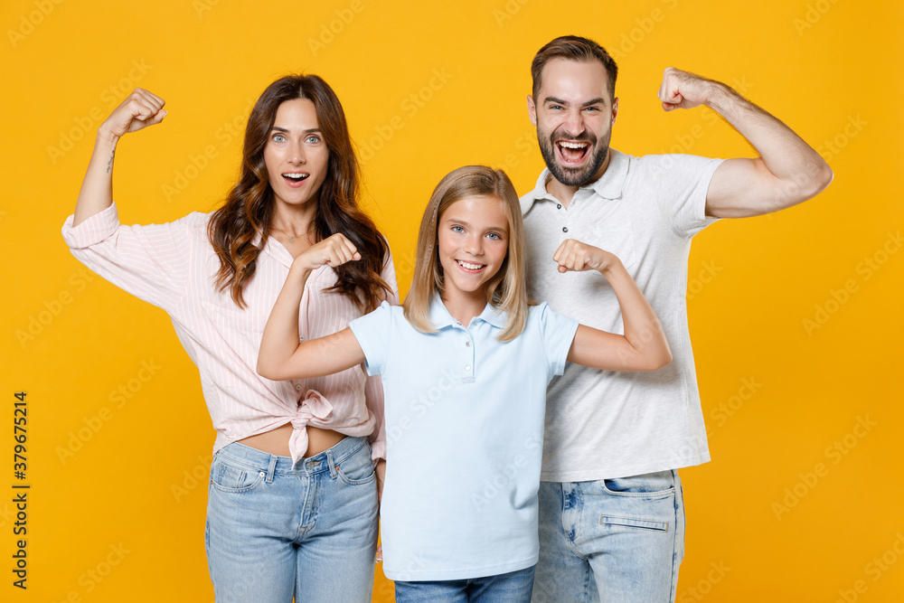 Strong funny young parents mom dad with child kid daughter teen girl in ...