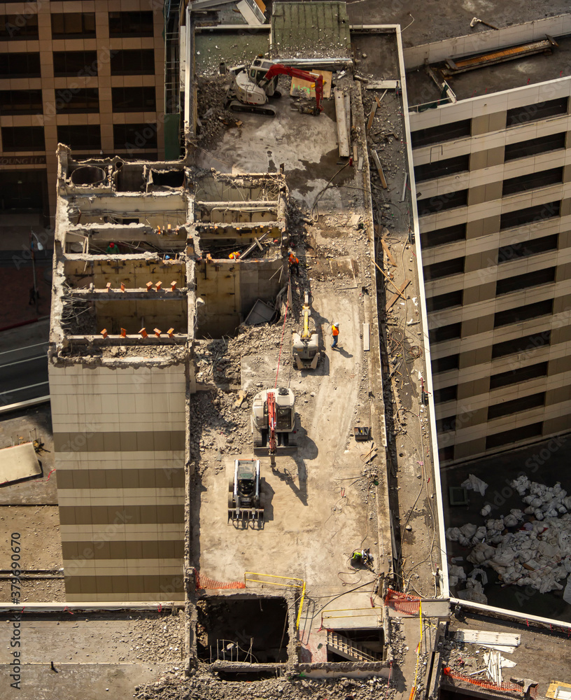 Aeriel view of construction project located on top roof of large ...