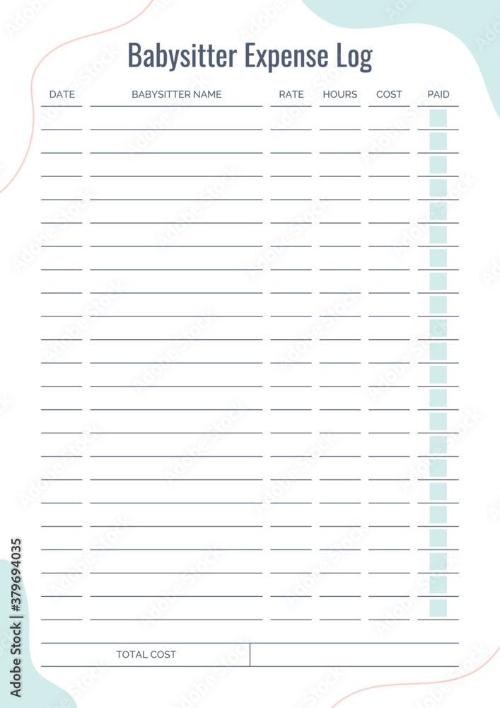 Minimalist Babysitter Expense Log for Expense Printable Sheet, Child ...