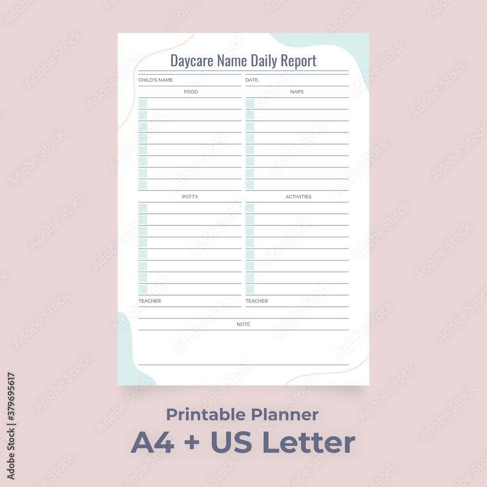 Minimalist Daycare Child Report Printable Form, Preschool Planner ...