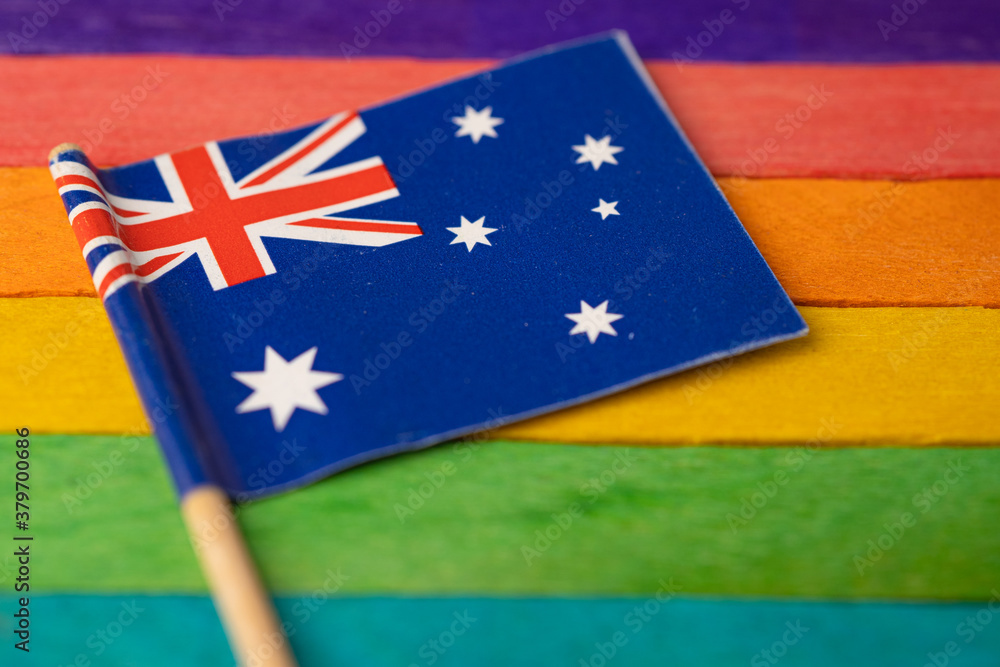 Australia flag on rainbow background symbol of LGBT gay pride month ...