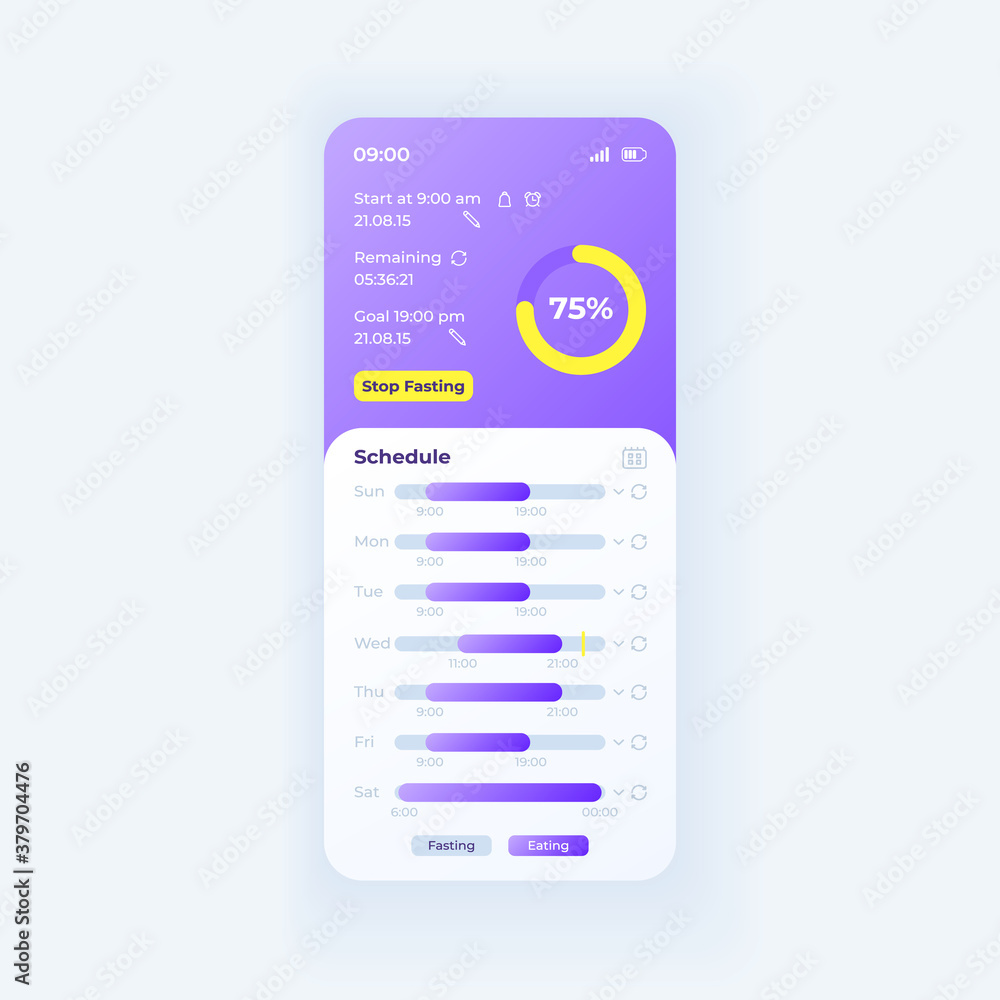 Fasting controller smartphone interface vector template. Mobile app ...