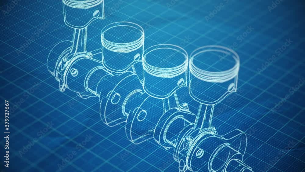 Abstract background with animation of blueprint drawing gears, engines ...