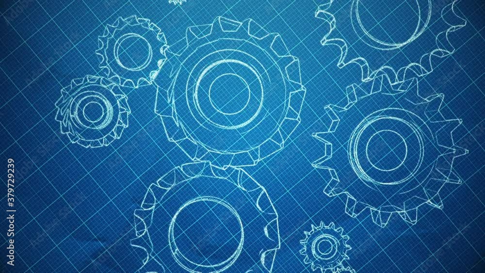 Abstract background with animation of blueprint drawing gears, engines ...
