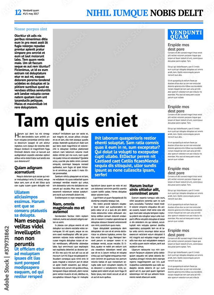 Newspaper design template with blue headline Stock Vector | Adobe Stock
