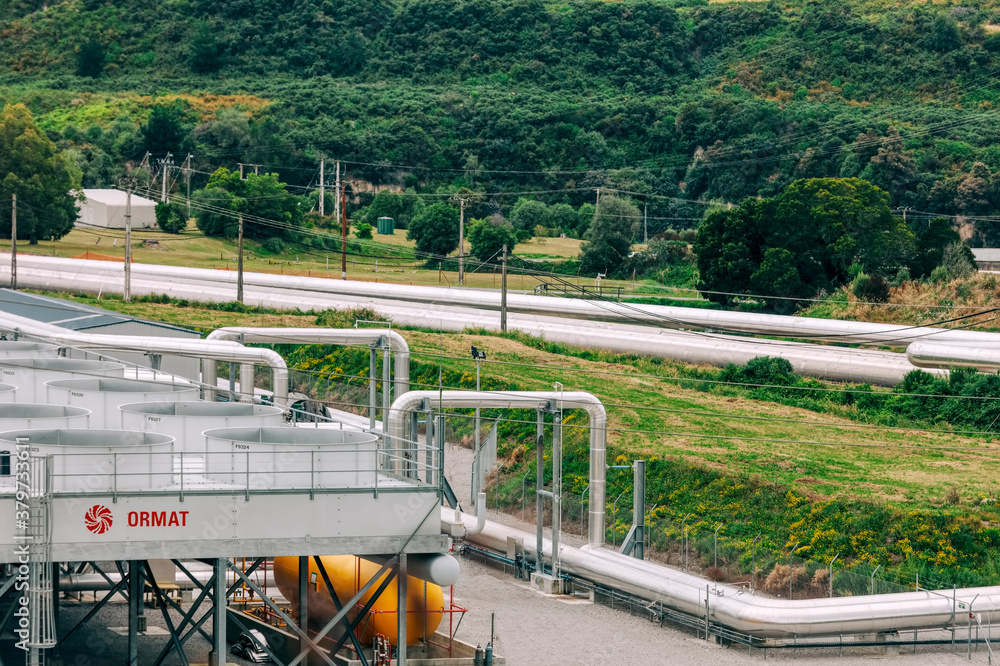 Storage tanks and pipelines of Wairakei Geothermal Power Station in New ...