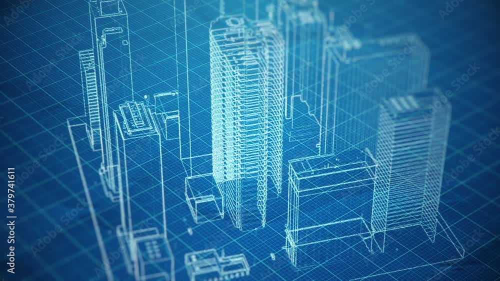 Abstract background with animation of blueprint drawing building and ...