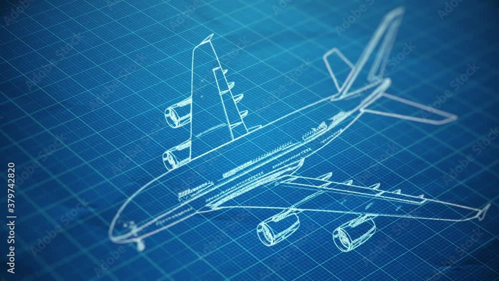 Abstract background with animation of blueprint drawing airplane ...