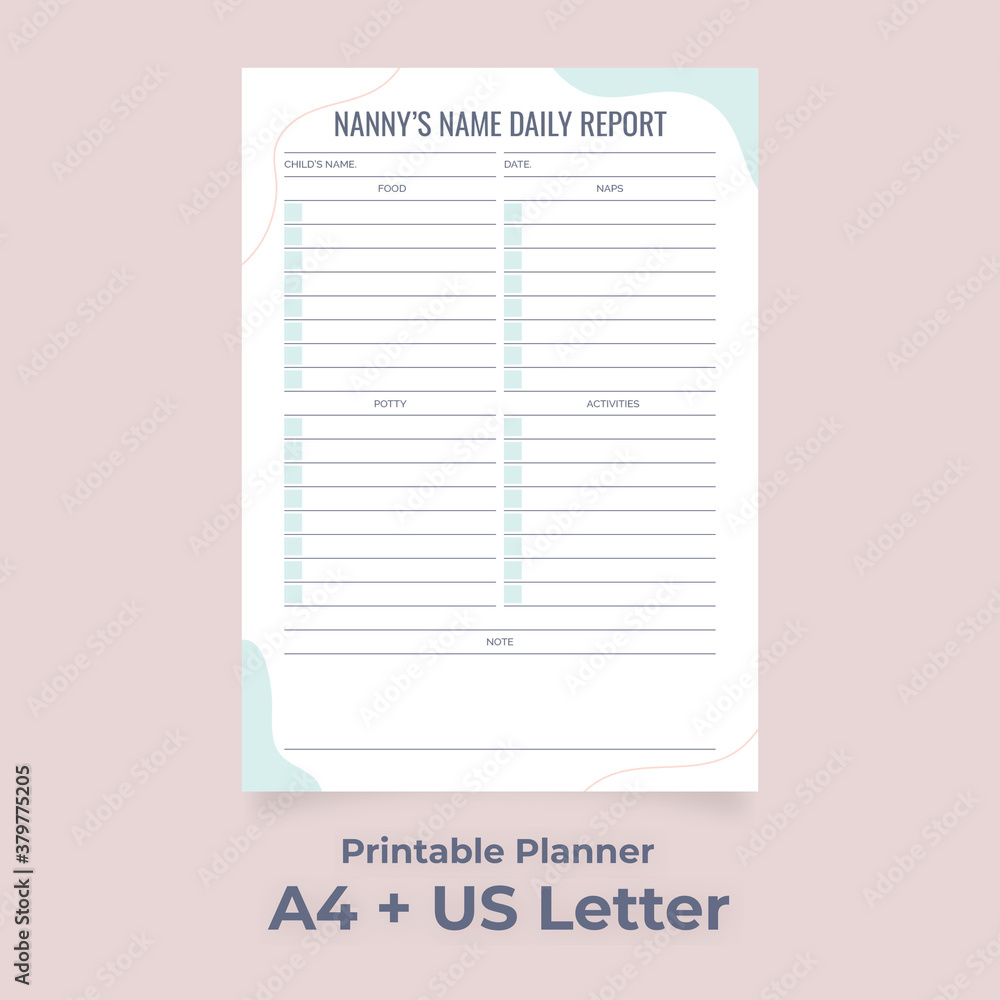 Minimalist Nanny Daily Report Printable for Young Child, Baby Schedule ...
