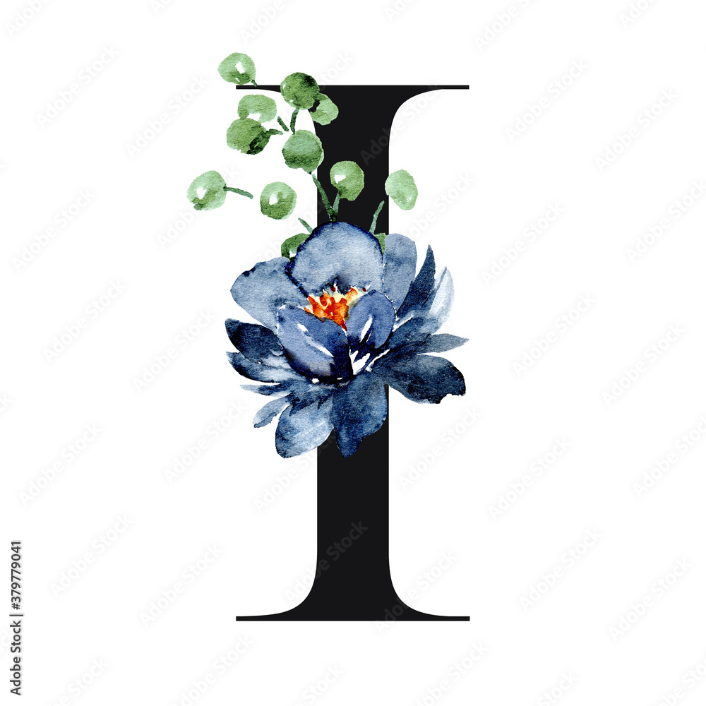 Monogram i, art alphabet, letter with watercolor flowers and leaf ...