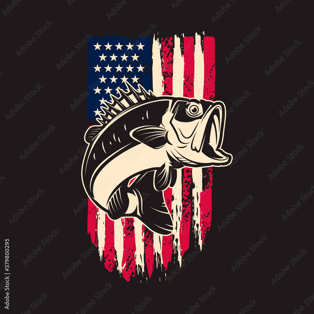 Illustration of bass fish of background of usa flag in grunge style ...