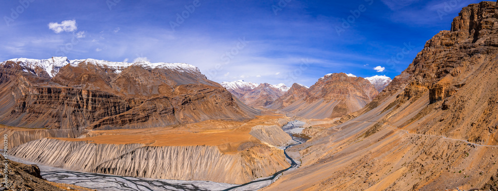 Serene Landscape of Spiti river valley with gully eroded and pinnacle ...
