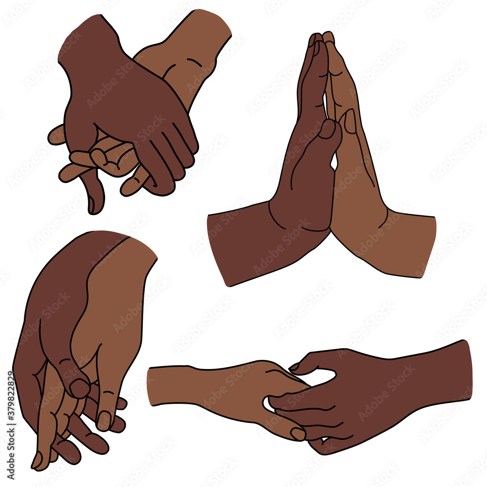 Hands and gestures. Set of different gestures - 2 hands dark skin ...