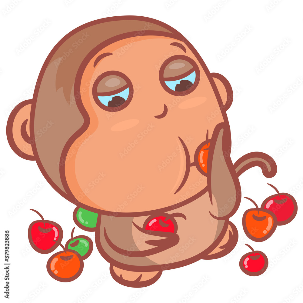 Little monkey cartoon eating fruits scene vector cartoon on a white ...