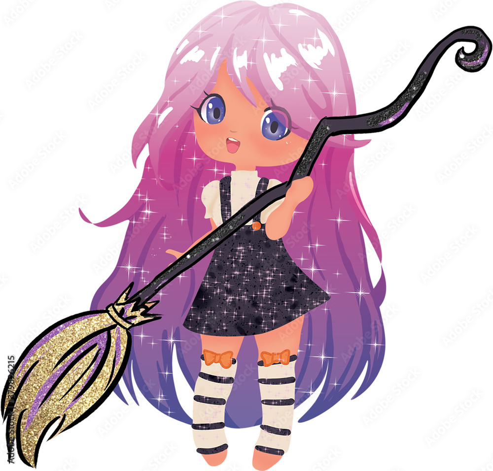 Cute Halloween shiny chibi witch baby girl with the broom kawaii party ...