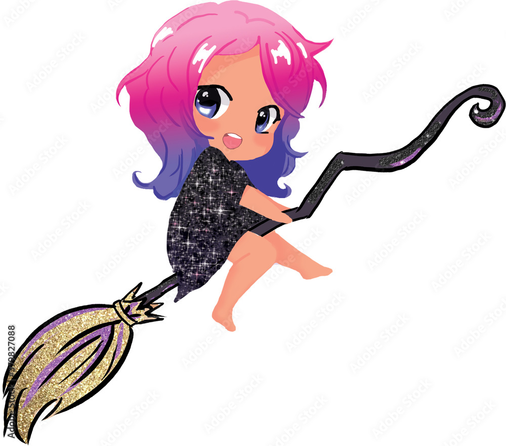 Cute Halloween shiny chibi witch baby girl with the broom kawaii party ...