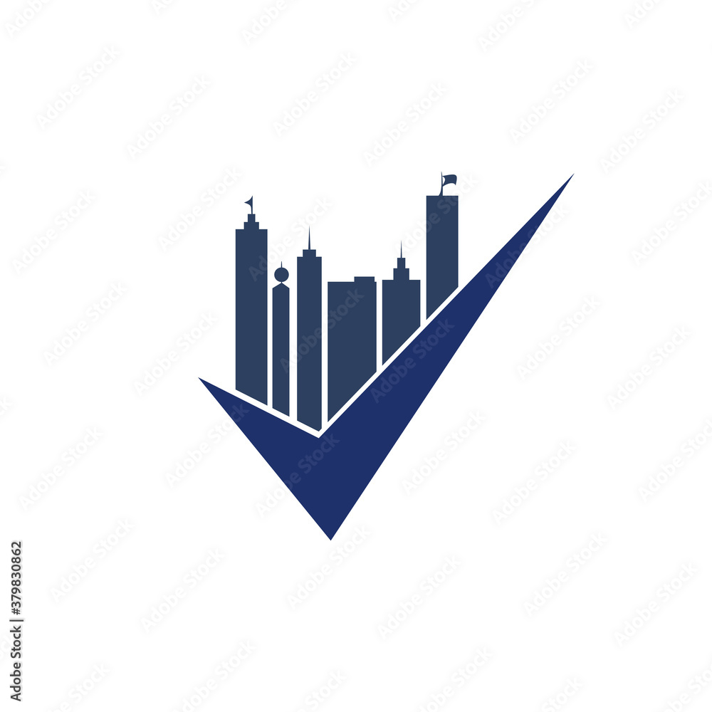 City building check mark logo design. Building construction logo ...