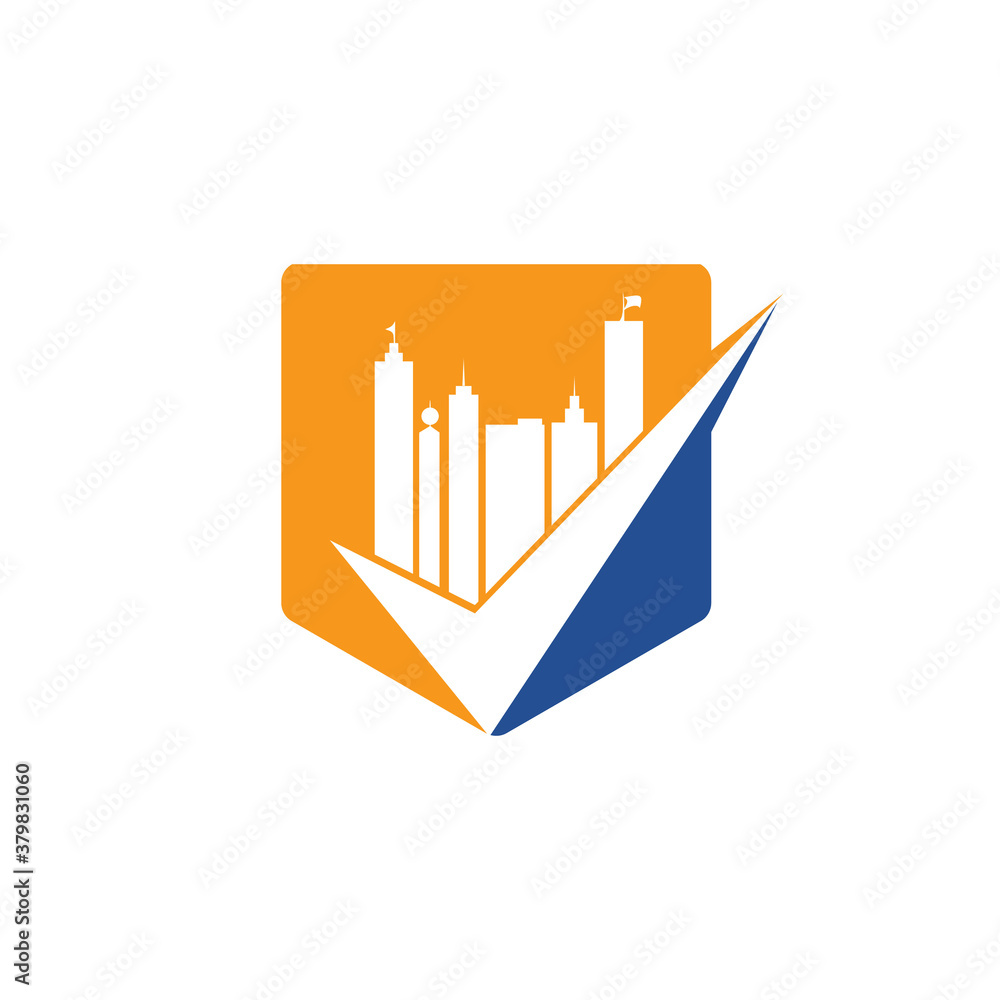 City building check mark logo design. Building construction logo ...